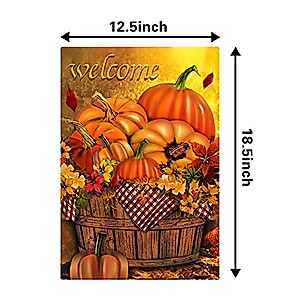 Fall Welcome Thanksgiving Pumpkin Small Garden Flag for Outside 12x18 Inch Vertical Double Sided Leaves Flowers Autumn Burlap Yard Decoration