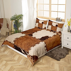 Cowhide Bedding Sets Patchwork Cow Print Comforter Cover (No Filling)Farm Animal Duvet Cover Set For Kids Boys Girls Western Cowboy Farmhouse Bedspreads Cover 2 Pillow Cases Bedroom Decor King Size