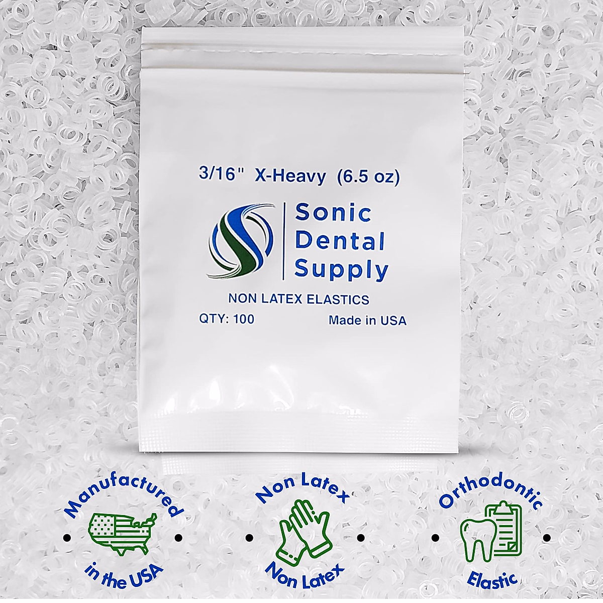 3/16 inch X-Heavy 6.5 oz - Orthodontic Elastic Rubber Bands - 100 Pack - Clear Latex Free, Small, Braces, Dreadlocks Hair Braids, Tooth Gap, Packaging, Crafts, Sonic Dental Supply - Made in USA