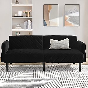 JEEOHEY Futon Sofa Bed, 78" Convertible 3 Seat Sleeper Sofa w/5 Level Adjustable Split Backrest & 3 Level Armrest, Oversized Velvet Futon Couch Bed for Living Room, Apartment, Small Space, Black