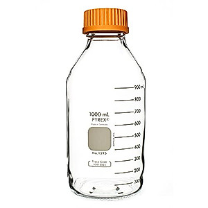 Pyrex Round Media Storage Bottle with GL45 Screw Cap - Borosilicate Glass Bottles with Caps - Premium Scientific Glassware for Labs, Classrooms or Home Use Glass Container 1L, 2/Pk