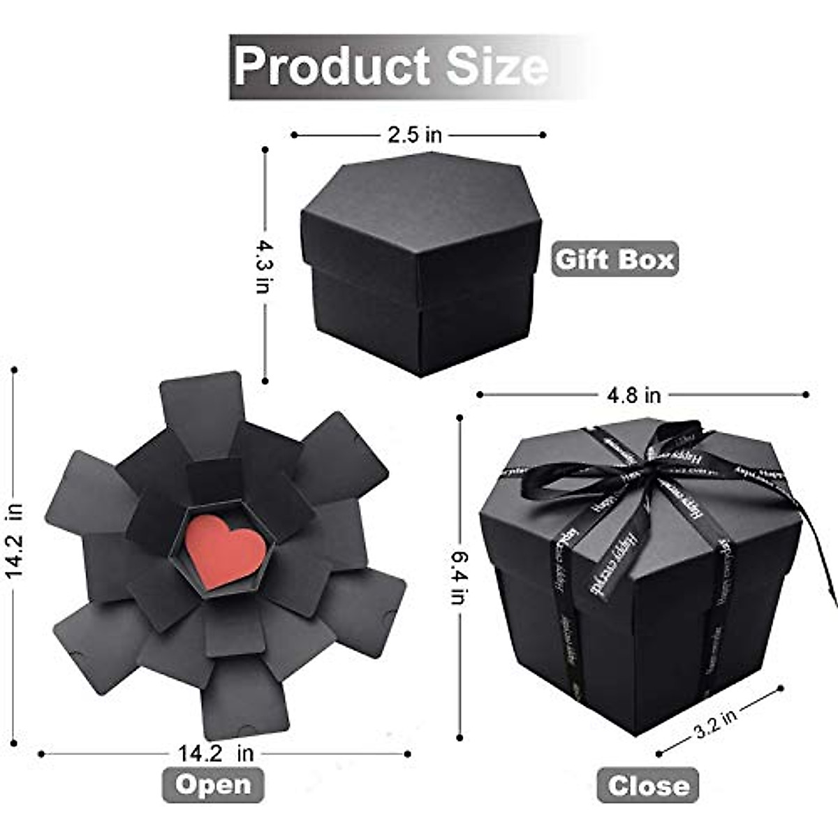 Wanateber Explosion Box, DIY Explosion Gift Box with 6 Faces, Main Part Assembled Handmade Photo Box for Birthday Gift, Anniversary, Valentine's Day, Wedding (Black)