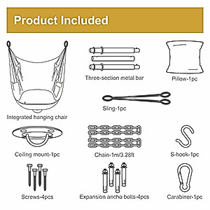 LAISHSNAIL Hammock Chair Swing, Hanging Chair for Bedroom with Metal Support Bar, Integrated Storage Bag, Cushions & Hardware Included, Swing Chair for Indoor or Outdoor (with Hardware-Gray&White)