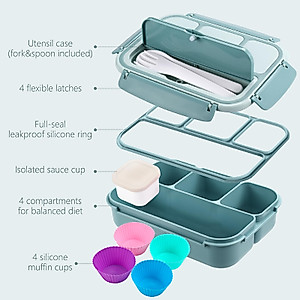 Bento Box Adult Lunch Box for Men Women, Bento Lunch Box for Kids Boys Girls School, Lunch Containers for Adults with 4 Compartments, Utensil Set, Sauce Container, Muffin Cup, Green