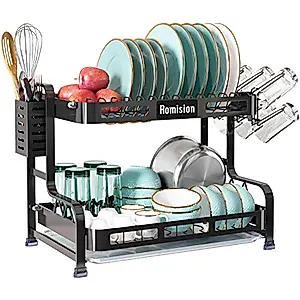 romision 2 Tier Dish Drying Rack, 304 Stainless Steel Large Dish Rack and Drainboard Set with Utensil Holder, Cup Holder and Water Tray, Dish Drainer for Kitchen Counter Space-Saving(Black)