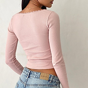 Women Y2k Crop Tops Long Sleeve Square Neck Ribbed Slim Fitted T-Shirt Tops Retro Streetwear (Pink, L)