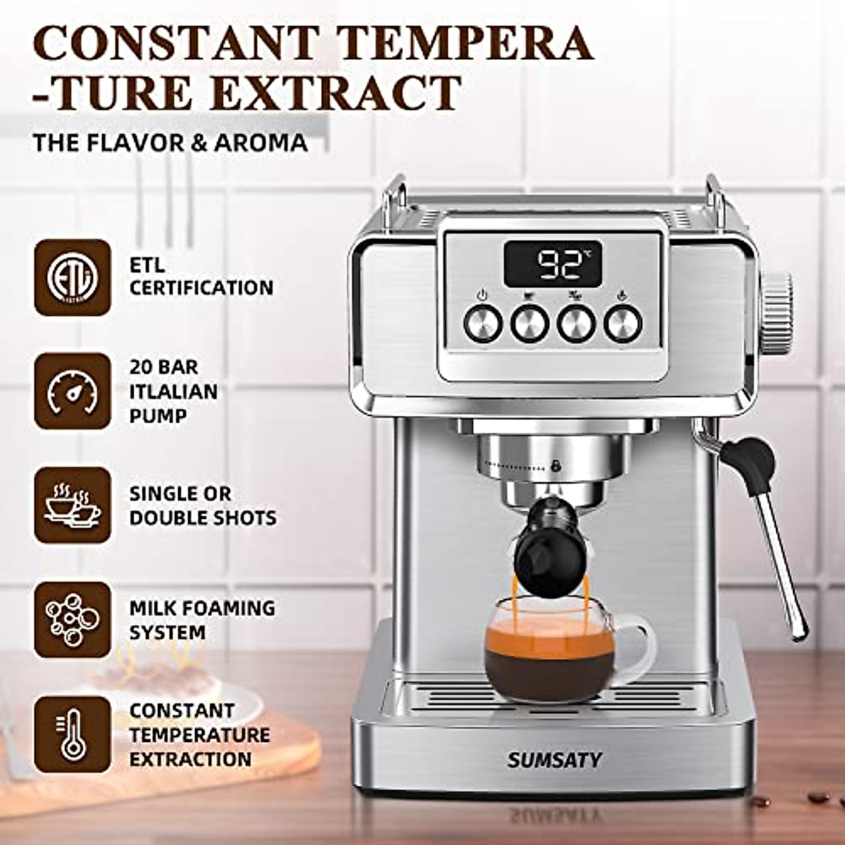 SUMSATY Espresso Machine, Espresso Machine with Milk Frother, Fast Heating Automatic, Latte and Cappuccino Machine, 20 Bar Espresso Maker, Stainless Steel, 1.8L Water Tank