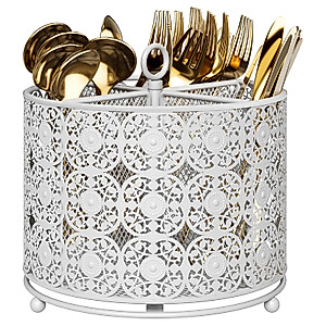 YIUKEA Rotating Utensil Caddy Holder - Higher Raised Cutlery Caddy Countertop - Metal Silverware Caddy Organizer with 4 Compartment for Kitchen Counter Party Office white