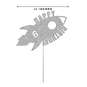 Silver Rocket 6th Birthday Cake Topper, Glitter Boy Girl Space 6 Years Birthday Party Decoration