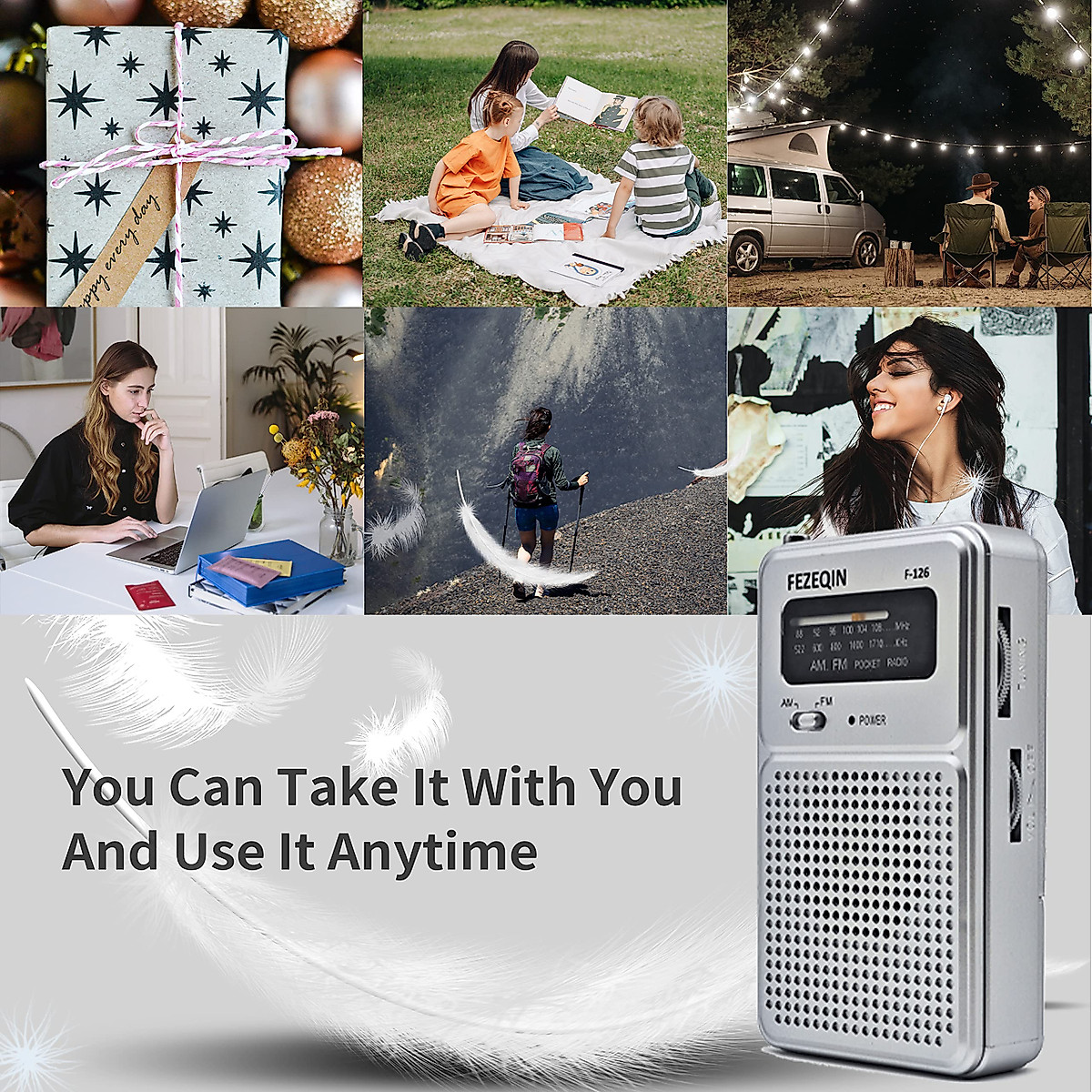 FEZEQIN F-126 Portable Radio AM FM Battery Operated Radio Compact Transistor Excellent Reception with Tuning Light, Back Clip, Speaker Headphone Jack for Walking, Camping and Emergency (Silver)