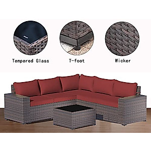 Halmuz 6 Piece Patio Furniture Sets Outdoor Conversation Sofa Set, All-Weather High Back PE Rattan Wicker Sectional Furniture Patio Sofa w/Tempered Glass Top Table&Thickened Cushions(Red)