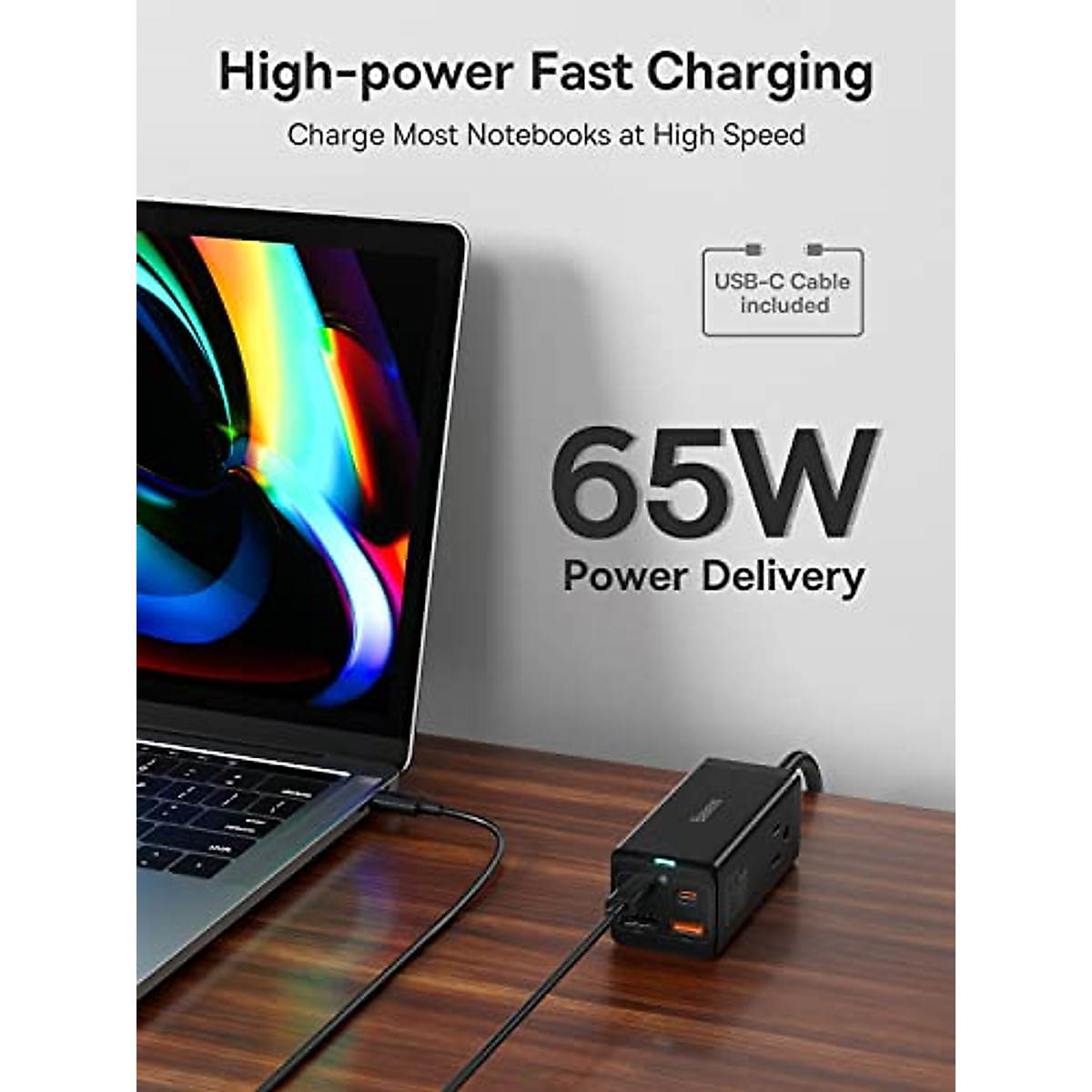 USB C Charger Baseus PowerCombo 65W USB C Charging Station with 2 Outlets Extender, Fast Charging, USB C Wall Charger Compatible with MacBook Laptops iPhone Samsung iPad (100W Type C Cable Included)