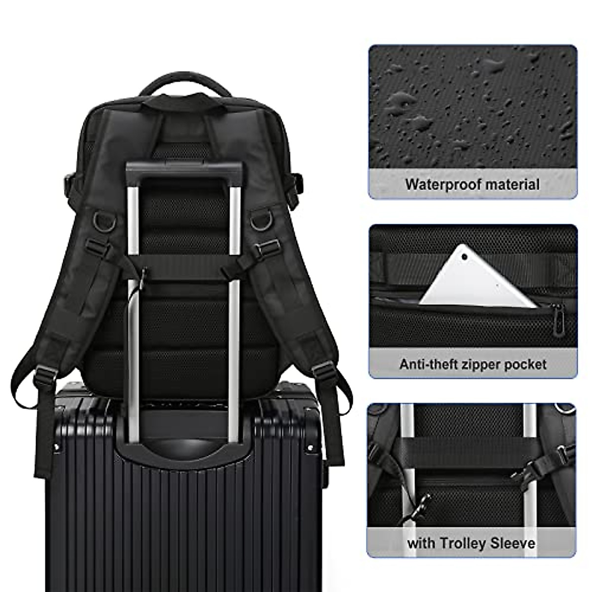 Large Laptop Travel Backpack for Women Carry On Airline Flight Approved Expandable Work Personal Item size Backpack with laptop compartment for College Men Hiking Waterproof Mochila de Viaje Black