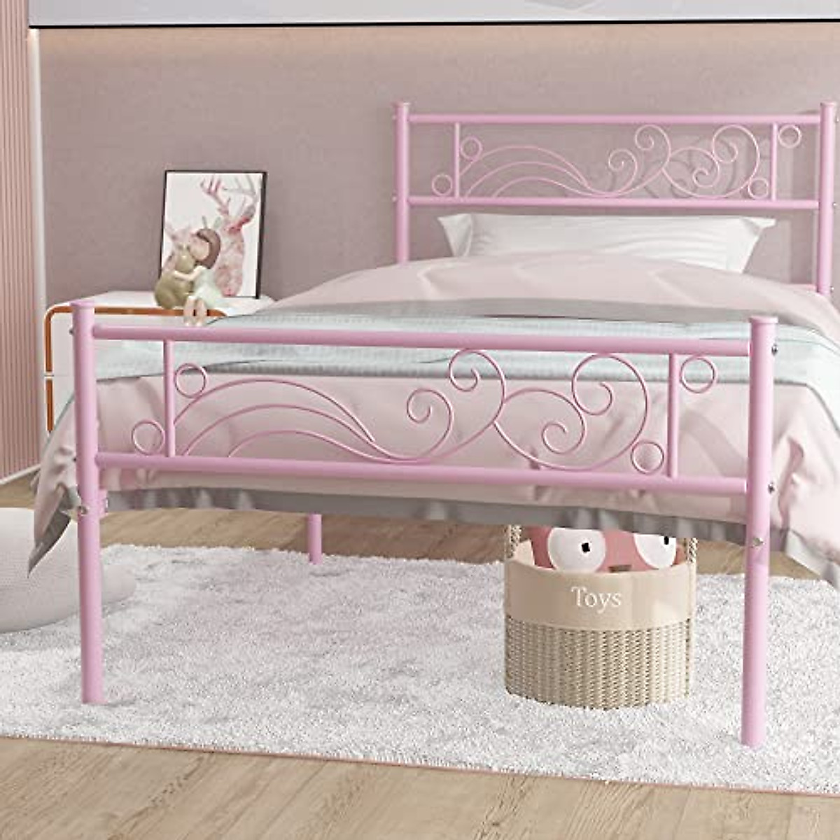 Weehom Twin Bed Frames Metal Platform Heavy Duty Steel Slat Under Bed Storage for Kids Pink