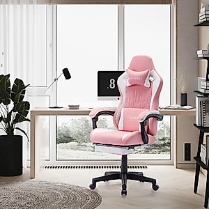 YAMOBO Gaming Chair with Footrest, Ergonomic Computer Gaming Chair with Massage Lumbar Support, High Back PC Gamer Chair for Adults with Linkage Armrests, Reclining Big and Tall Gaming Chair, Pink