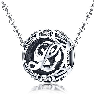 925 Sterling Silver with Cubic Stones, Complete A~Z Gift Options Alphabet Charm Letter Beads fit Pandora European Bracelets (Letter L)