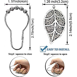 Yuiviot Shower Curtain Hooks Rings【12pack】, Silver Leaves Decorative Alloy Pendants, Rust Proof Stainless Steel Hooks for Bathroom Rod, Anti-Corrosion Hanger, Nickle Brushed Heavy Duty Roller