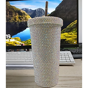 Studded Bling Diamond Tumbler Glitter Water Bottle with Lid Stainless Steel Vacuum Thermal Straw Tumbler Rhinestone Tumbler with 1pc Straw 2pcs Brushes for Girls Women (500ml-silver)