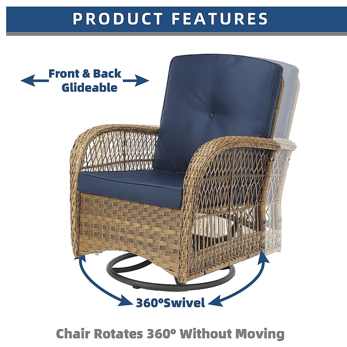 SOCIALCOMFY 3-Piece Patio Wicker Conversation Bistro Set, Rattan Gliding Rocking Swivel Chairs with Cushion and Glass Top Side Table Outdoor Furniture Sets for Garden Backyard, Navy Blue