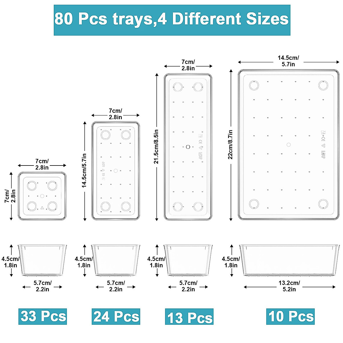 Drawer Organizers Set of 80, 4 Sizes Clear Plastic Drawer Organizers and Storage Bins for Kitchen, Bathroom, Office, Dresser Desk Drawer Organizer Tray for Jewelry, Makeup, Junk, Gadgets