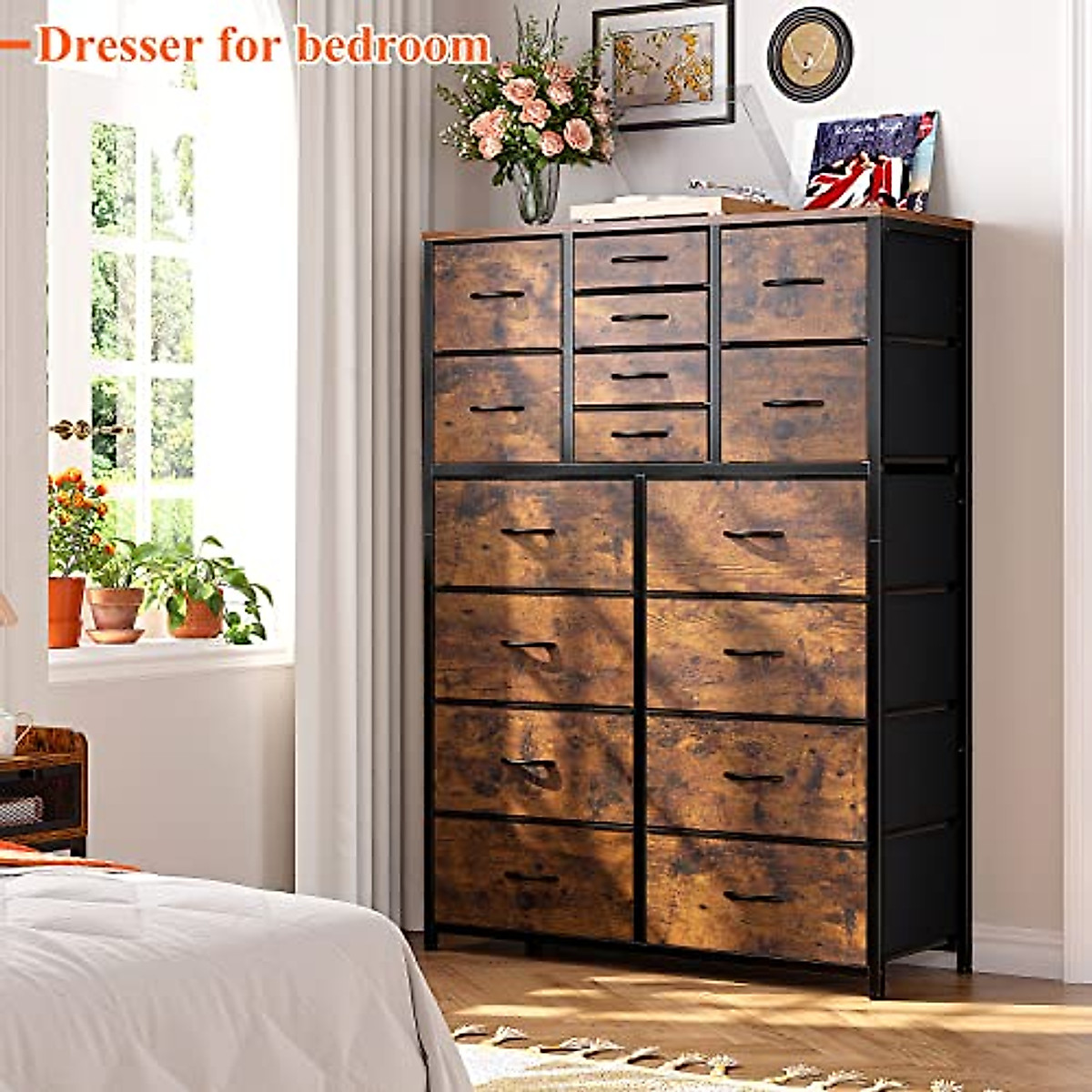 EnHomee 16 Drawer Dresser, Tall Dresser for Bedroom with Wooden Top and Sturdy Metal Frame, Large Dressers & Chest of Drawers for Bedroom Closet Living Room Entry,57.1"Hx 37.4"W x 11.8"D, Rustic Brown