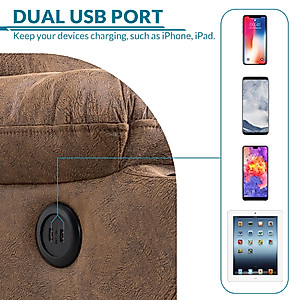 OUINCH Manual 360 Degree Swivel Glider Rocker Recliner Chair with Massage and Heat, 2 USB Ports, 2 Front Pockets, 2 Side Pockets and 2 Cup Holders, Bronze Suede Fabric (Brown)