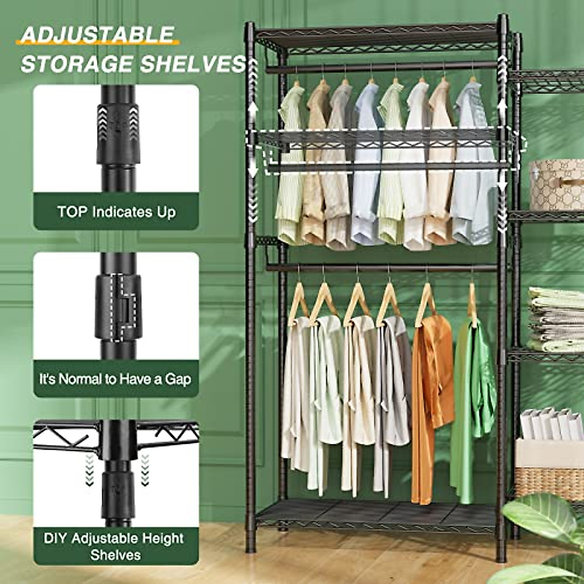 LEHOM G7 Heavy Duty Clothes Rack for Hanging Clothes, Portable Garment Rack Compact Size Closet Organizer, Freestanding Metal Clothing Rack Wardrobe Closet with Storage Shelves for Bedroom(Medium)