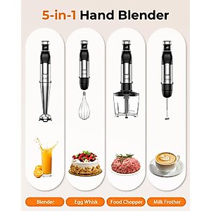 KOIOS Immersion Blender, 1100W Trigger Variable Speed Hand Blender, 5-in-1 Immersion Blender Handheld, Anti-scratch Stick Blender with Chopper, Whisk, Beaker and Frother, Non-BPA