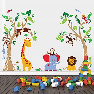 Runtoo Jungle Animals Tree Wall Decals for Nursery Baby Kids Bedroom Monkey Giraffe Elephant Wall Stickers Adventure Wall Décor