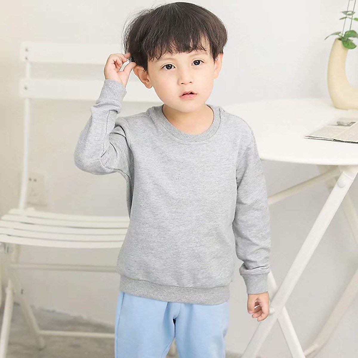 AIWUHE Toddler Boys Girls Solid Pullovers Sweatshirt Long Sleeve T-Shirt Kids Cotton Crewneck Thin Tops Blouse 2T Gray 90
