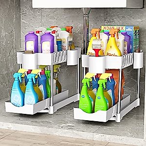 2 Pack Under Sink Organizers and Storage Pull Out Drawers,2 Tier Sliding Under Cabinet Organizer, Bathroom Organizer Under Kitchen Sink Storage, Under Sink Shelf Baskets with 4 Cups 8 Hooks.White…