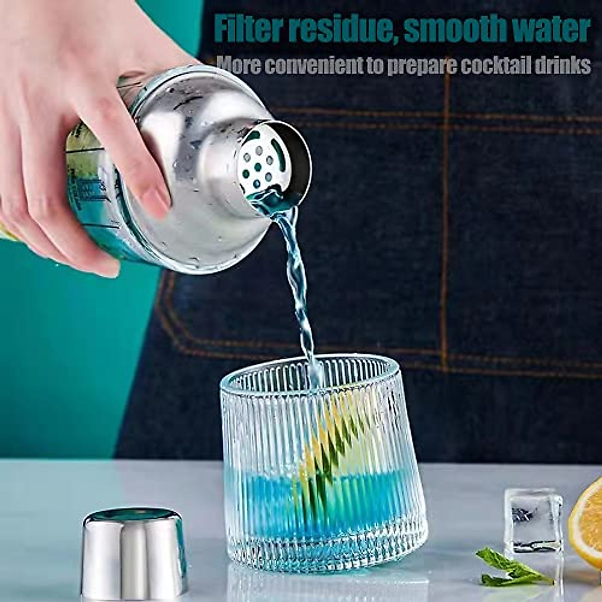 4 Pcs Glass Cocktail Shaker, 14 oz Martini Glass Shaker Cup, with Measuring Jigger Mixing Spoon Muddler,for Kitchens, Bars, Coffee Shops, Hotels, Clubs, Can Make Cocktails, juices ETE.