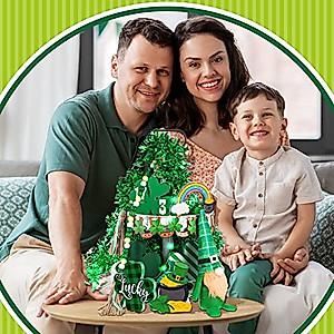 14 Pcs St. Patrick's Day Tiered Tray Decor with Green String Led Shamrock Rainbow Coin Pot Wood Sign Irish Gnome Plush and Wood Banner for St Patricks Day Home Table Party Kitchen Decor