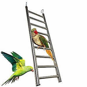 GEKMOR Parrot Ladder 9-Step Stainless Steel Rustproof Metal Nonskid Smooth Portable Bird Cage Ladder with Hooks Cockatiel Stand Ladder for Parrots Parakeets Cockatoos Lovebirds