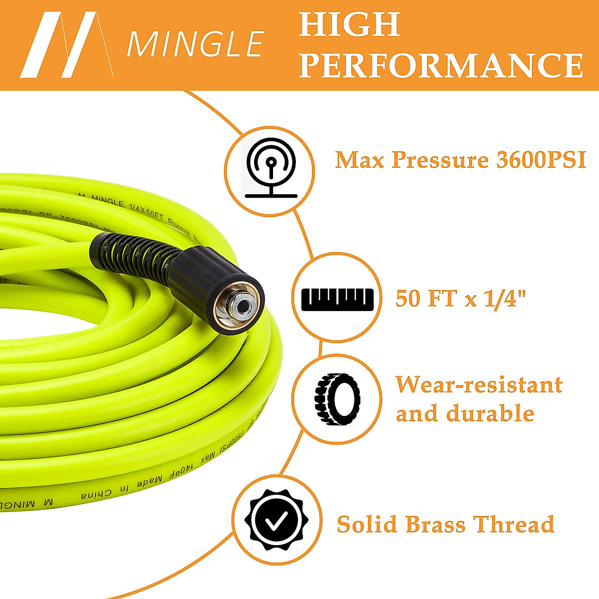 M MINGLE Replacement Pressure Washer Gun with Extension Wand Pressure Washer Hose 50 FT x 1/4" - Replacement Power Wash Hose