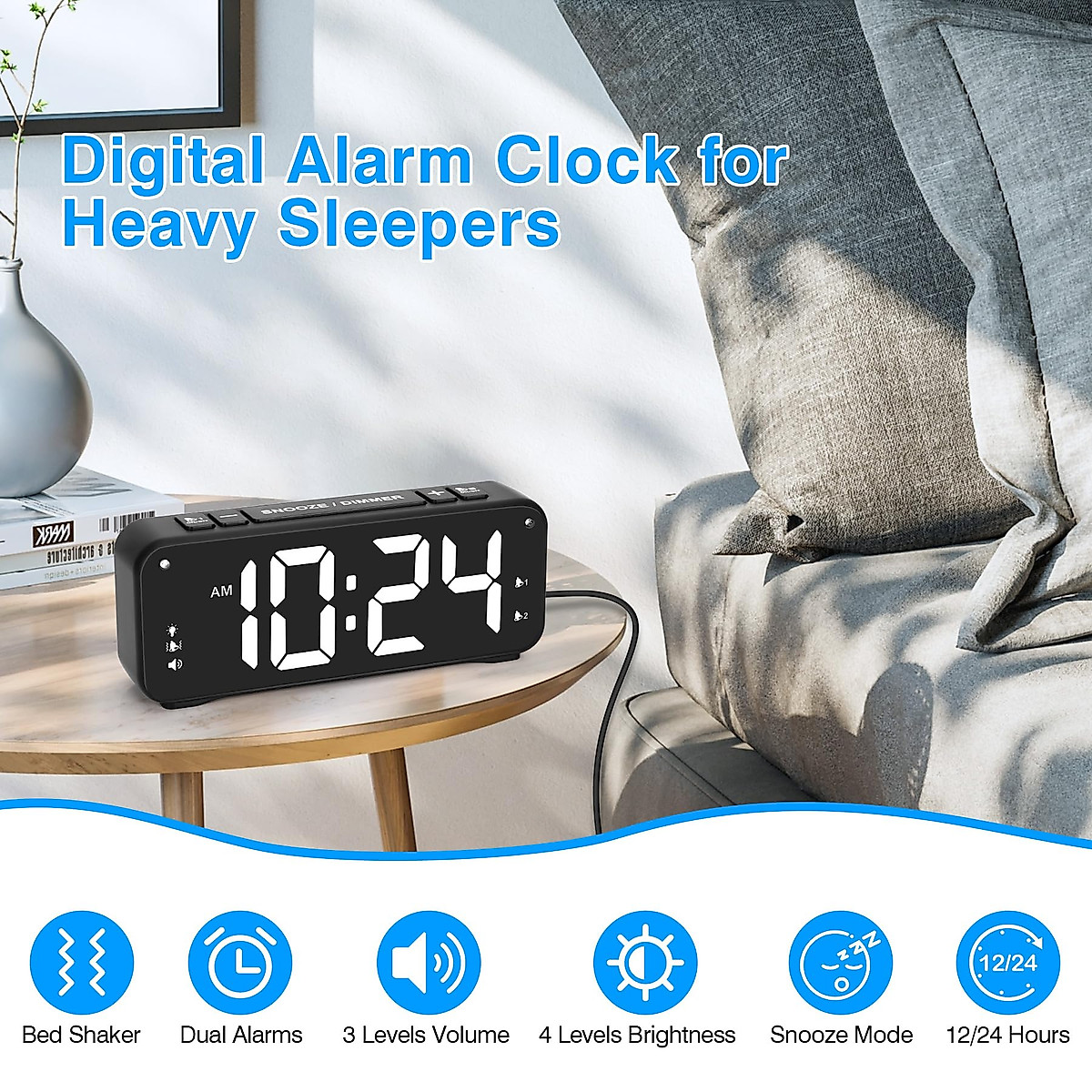 SZELAM Alarm Clock for Heavy Sleepers Adults,with Vibration Bed Shaker,2 Alarms,4 Levels Brightness,6.5" LED Digital Desk Clocks for Hearing Impaired Deaf Teens Bedroom (Black-White)
