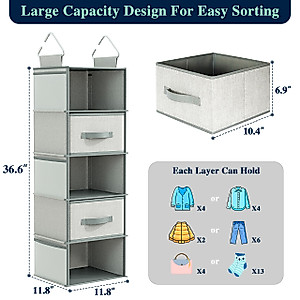 5 Tier Hanging Closet Organizer, Collapsible Thicken Hanging Shelves, with 3 Side Pockets and 2 Removable Drawers, Suitable for Bedroom Closet Clothing Storage Grey