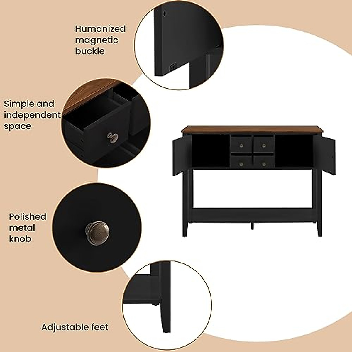 GOOD & GRACIOUS Buffet Sideboard Console Cabinet Narrow Wooden Kitchen Sideboard Table with Bottom Shelf and Storage Drawers Black