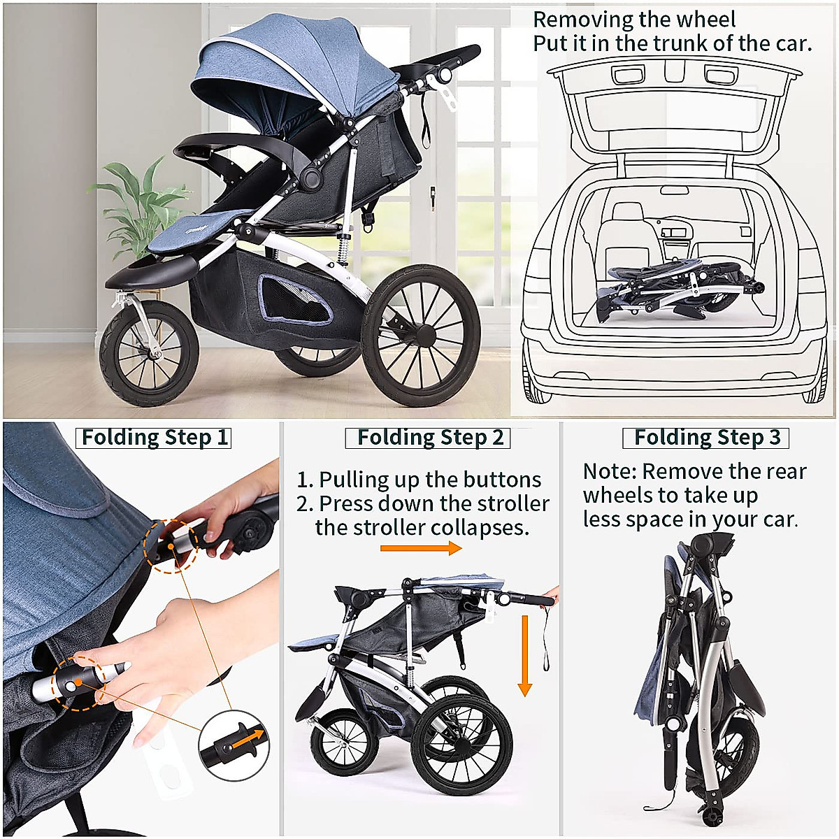 Baby Jogging Stroller for Toddler Kids Compact Single City Jogger Strollers All Terrain Jog 3 Wheels Pushchair Expedition with Parent Console (Blue)