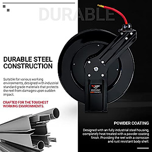ReelWorks Air Hose Reel Retractable 3/8" Inch x 80' Foot Max 300PSI Longest Ever Hybrid Polymer Hose Industrial Steel Construction