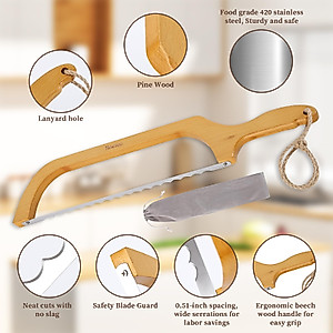 NewmeniDesign Sourdough Bread Knife with Bag: 16'' Sharp Sourdough Slicer with Knife Protector - Cuts Easily Bread Bow Knife for Every Kitchen - Durable Wooden for Fruit Cake Cheese and Baking