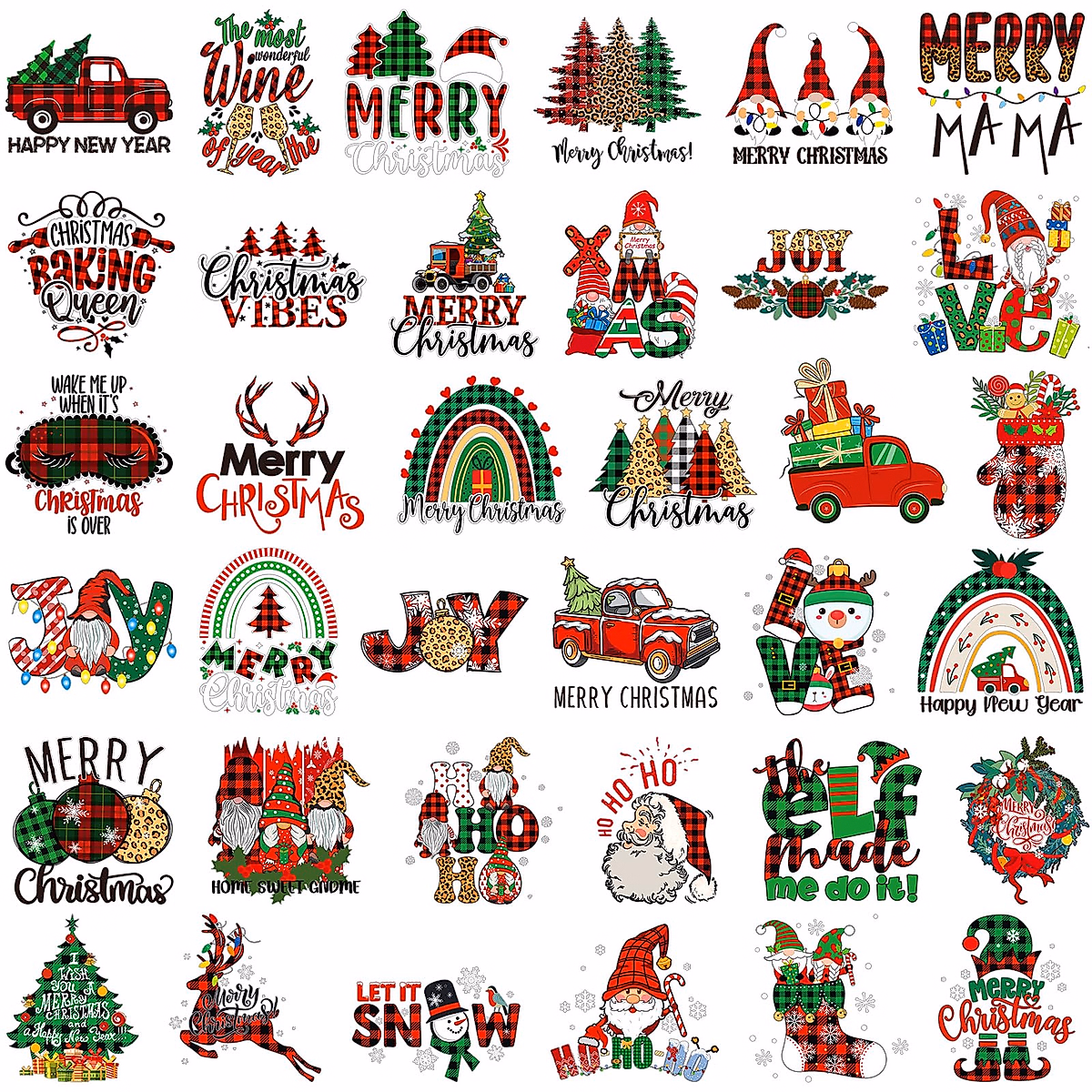 Glenmal 36 Sheets Christmas Iron on Patches Clothing Iron on Transfers Xmas Tree Truck Gnome Santa Snowman Heat Transfer Stickers for T-Shirt Jacket Pillow Covers Backpack Hoodies DIY Decorations