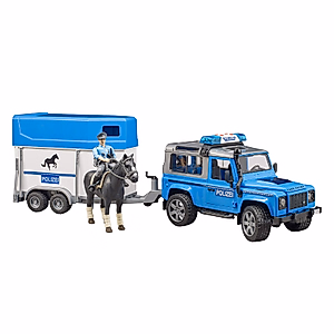 Bruder 02588 Land Rover Police Vehicle w Horse Trailer, Horse and Policeman, L&S Module