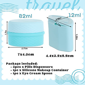 3 in 1 Travel Silicone Makeup Containers for Toiletries Shampoo Lotion Refillable Empty Jars with Spoon, Portable Cosmetic Case for Trinkets Pills, including 3 Dispensers & 1 Protective Box (Blue)