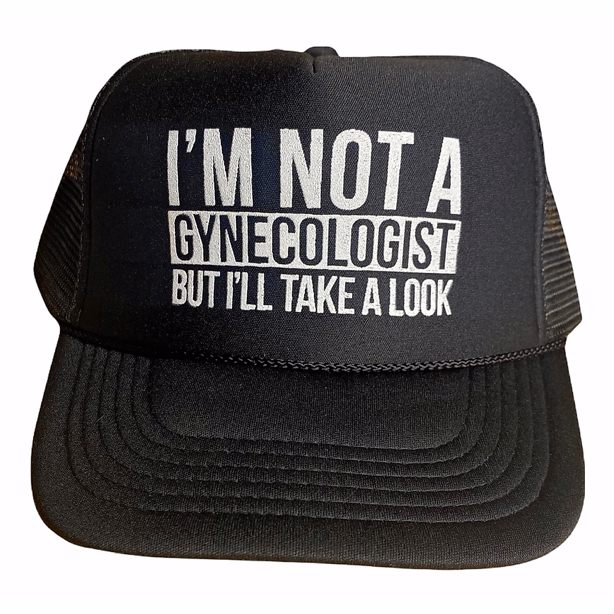 I'm Not A Gynecologist But I'll Take A Look Snapback Trucker Hat for Men or Women, Vintage Fit with Funny Novelty Graphic, Custom Mesh Cap Black