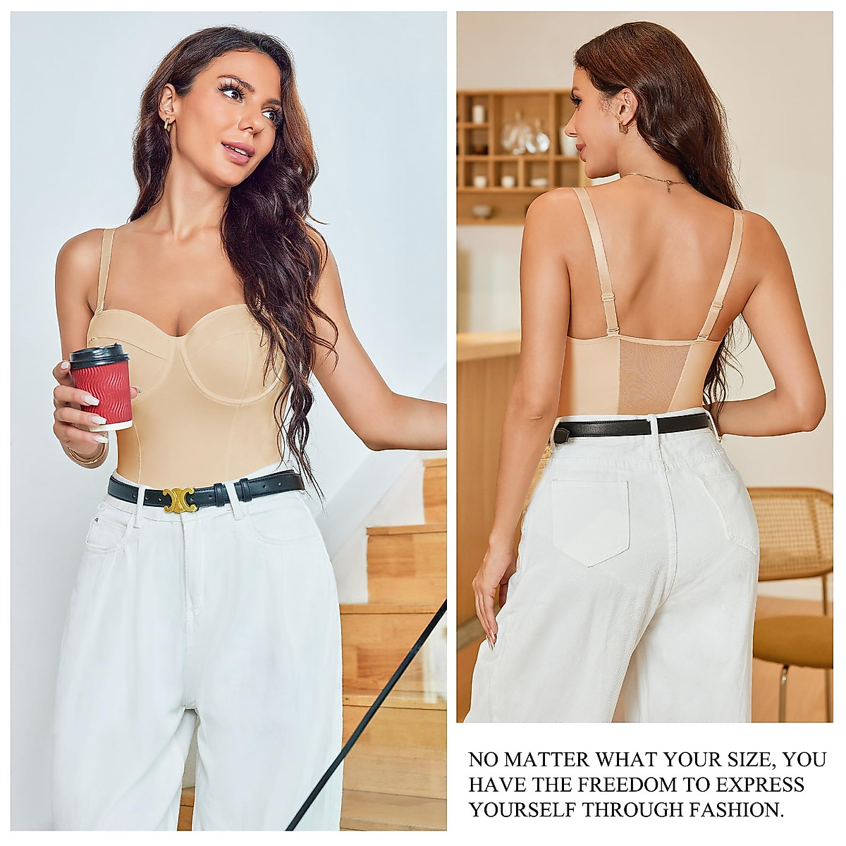 BRABIC Shapewear Bodysuit for Women Tummy Control Low Back Body Shaper Cupped Sleeveless Tank Tops Fajas (Medium, Beige)