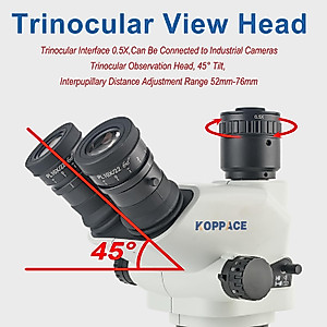 KOPPACE 6.7X-45X Trinocular Stereo Microscope Dual Arm Bracket Magnification Locking Function.