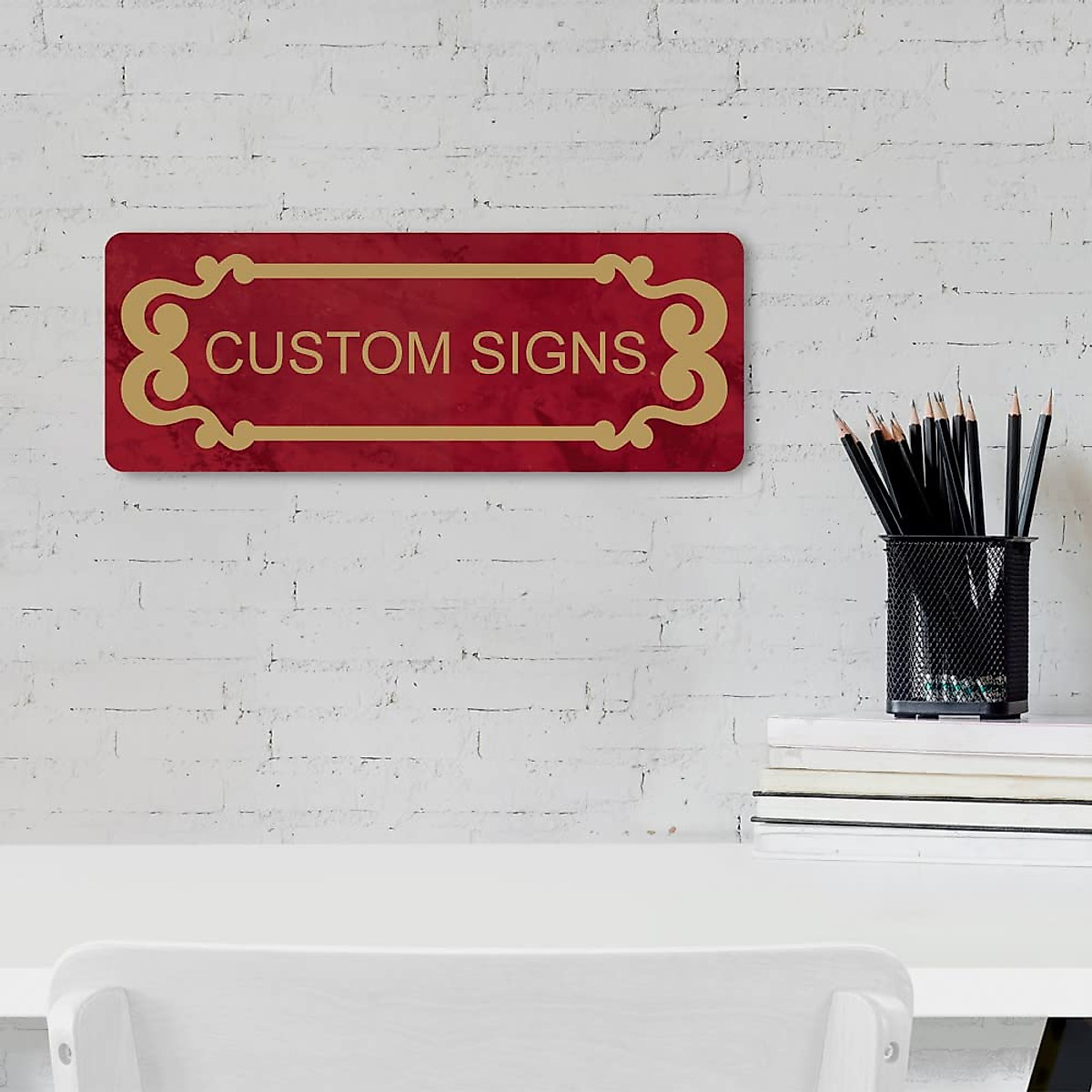 ComplianceSigns.com 8" x 3" Custom Sign with Scroll Outline, Includes Adhesive Strips, Engraved Plastic with Acrylic Core, White on Blue