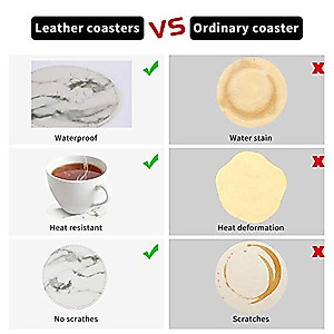 Leather Coasters for Drinks with Holder Set of 6, Coasters for Drinks,Marble and Waterproof Coasters Table Protective Non-Slip Pads, Round Cup Mat for Home and Kitchen