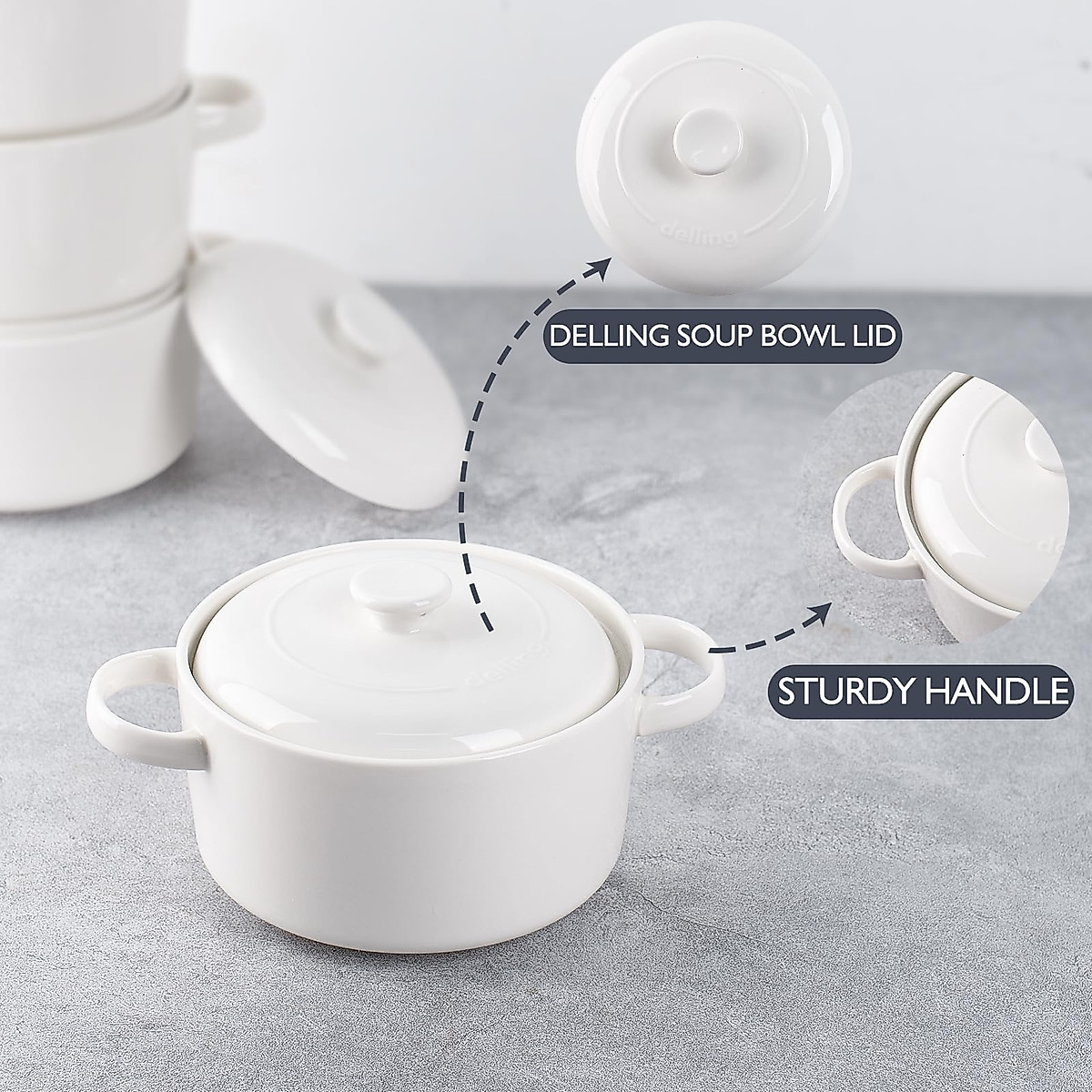DELLING 28 Oz Soup Bowls with Handles and Lids, Large French Onion Soup Bowls, Ceramic Soup Crocks for French Onion, Oven Safe Bowls for Chili, Beef Stew, Cereal, Pot Pies, Bowls Set of 4, White